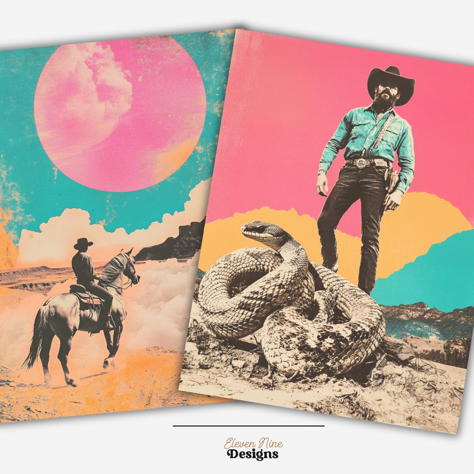 Retro Pop Western Digital Paper, Cowgirl Cowboy Collage Art, Surreal ...