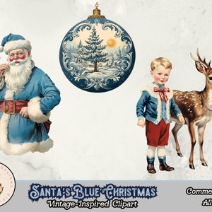 Blue Christmas Clipart, Vintage Blue Santa Christmas PNG, Blue Winter ...