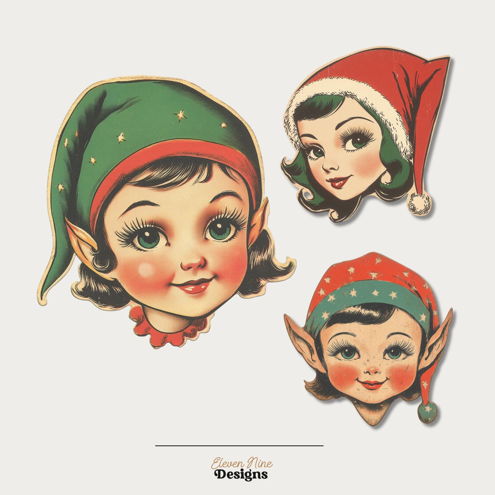 Vintage Christmas Elf Faces PNG Clipart, Elf Doll Heads Graphics, Retro ...