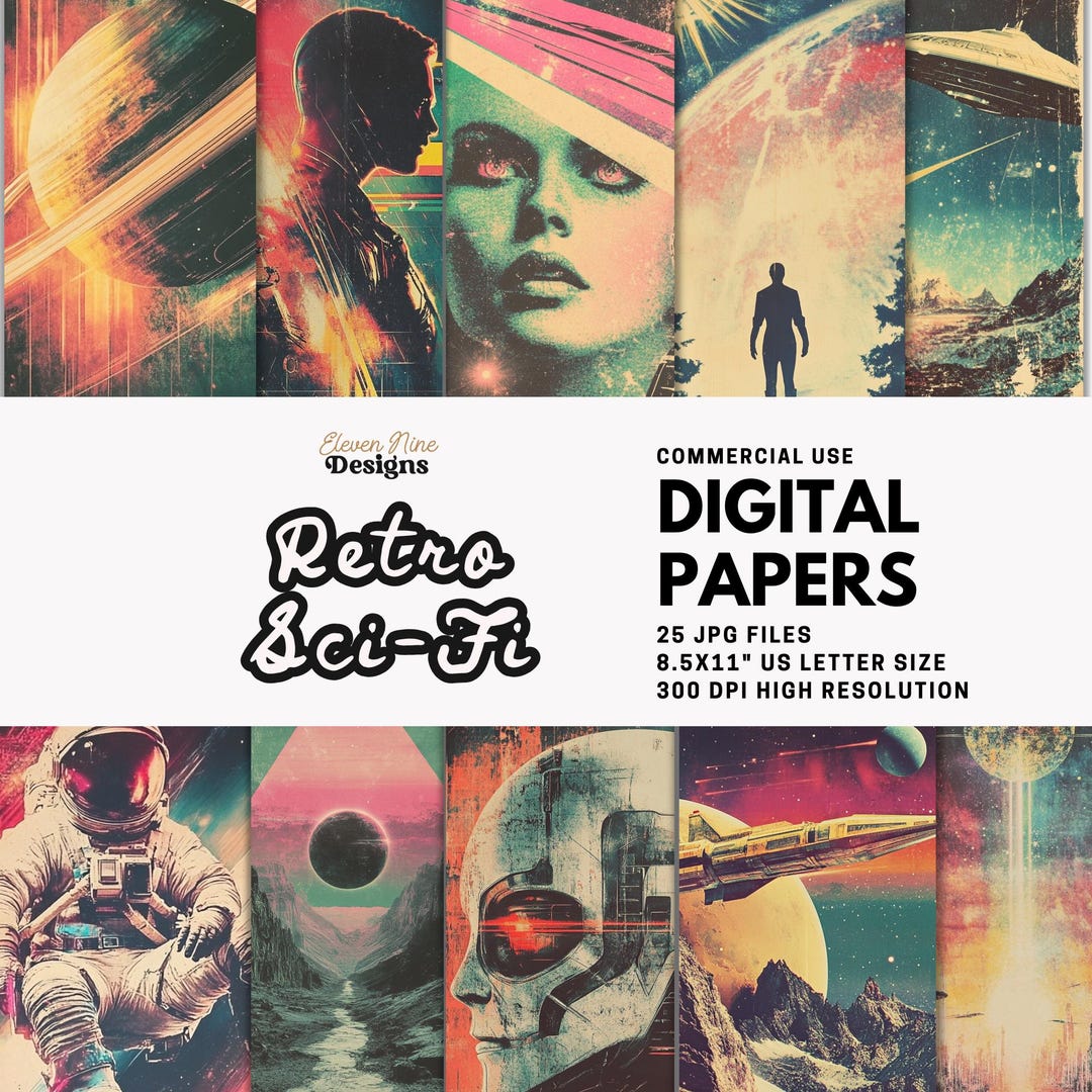 Retro Sci-fi Digital Paper | Vintage Space, Astronauts, Planets, Aliens ...