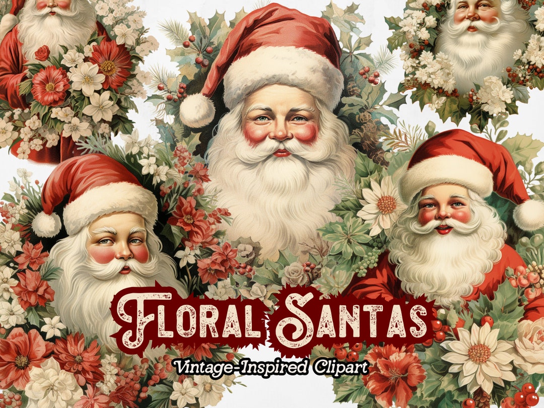 Floral Christmas Santa Clipart, Vintage Floral, Christmas Santa Claus ...