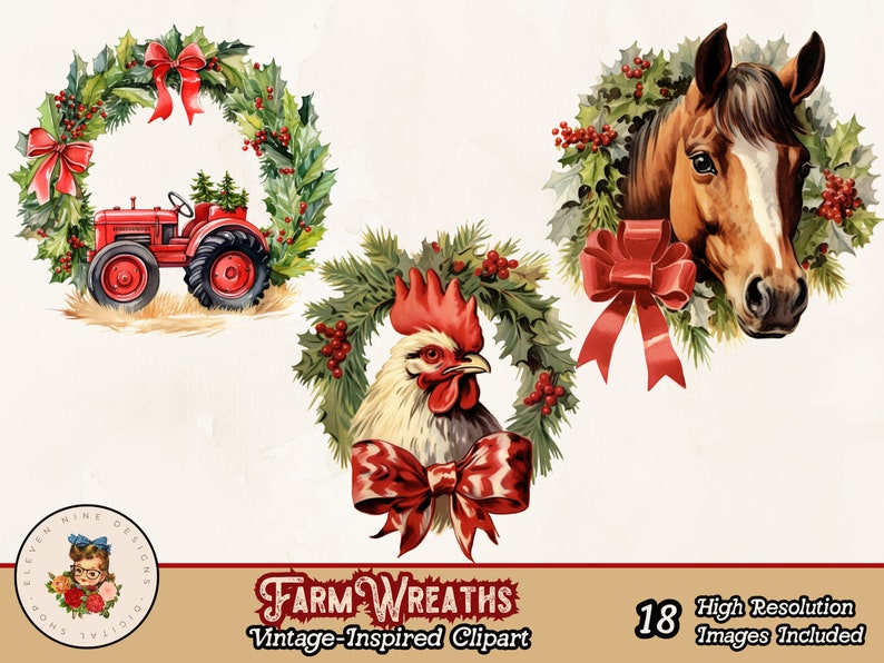 Vintage Christmas Farm Clipart, Christmas Farm Animal PNG, Farmhouse ...