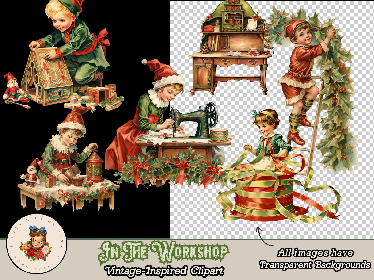 Christmas Elf Clipart PNG, Vintage Christmas Clipart, Elf Design, Elves ...