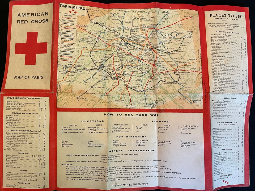 1944 American Red Cross Map of Paris France US Soldier GI WWII - Etsy
