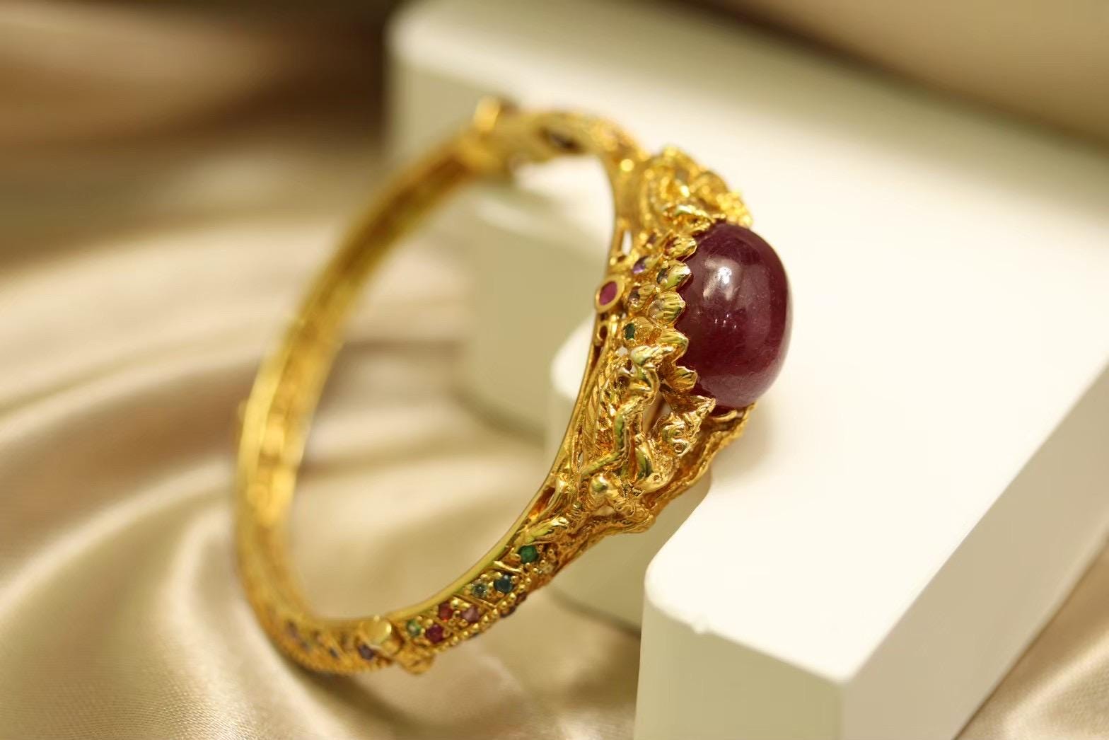 Oval Ruby With Multi Circle Sapphire Sliver Bangle Enamel Gold 18 K - Etsy
