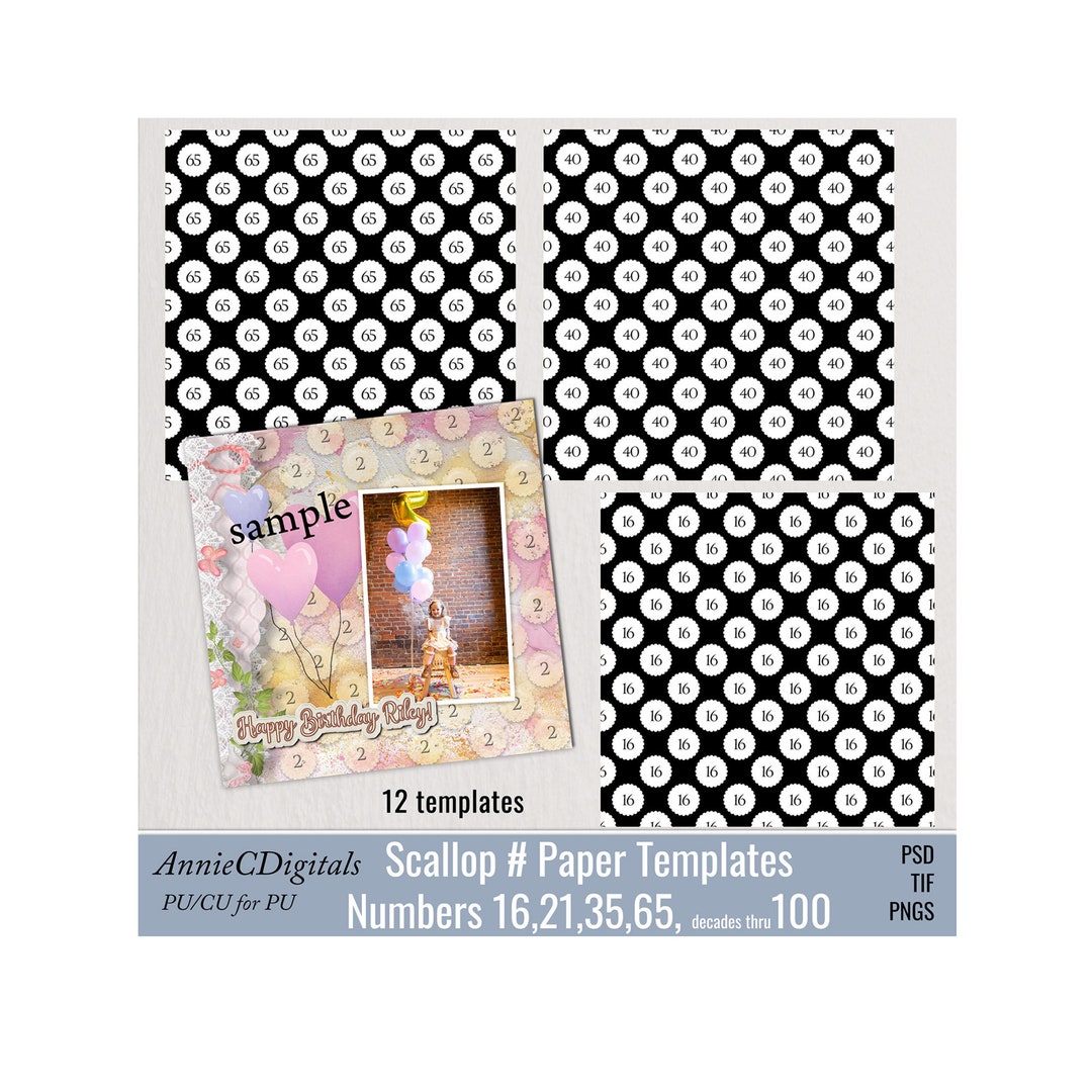 Digital Paper Templates, Scallops With Numbers Paper Templates, Number ...