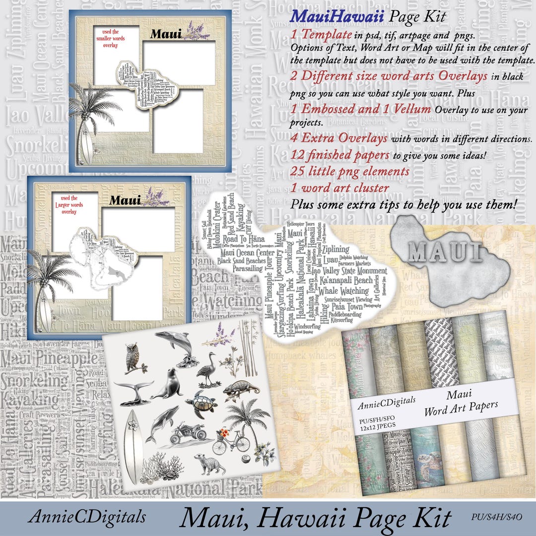 Maui Hawaii Embossed Papers, Maui Digital Overlays, Maui Word Art ...