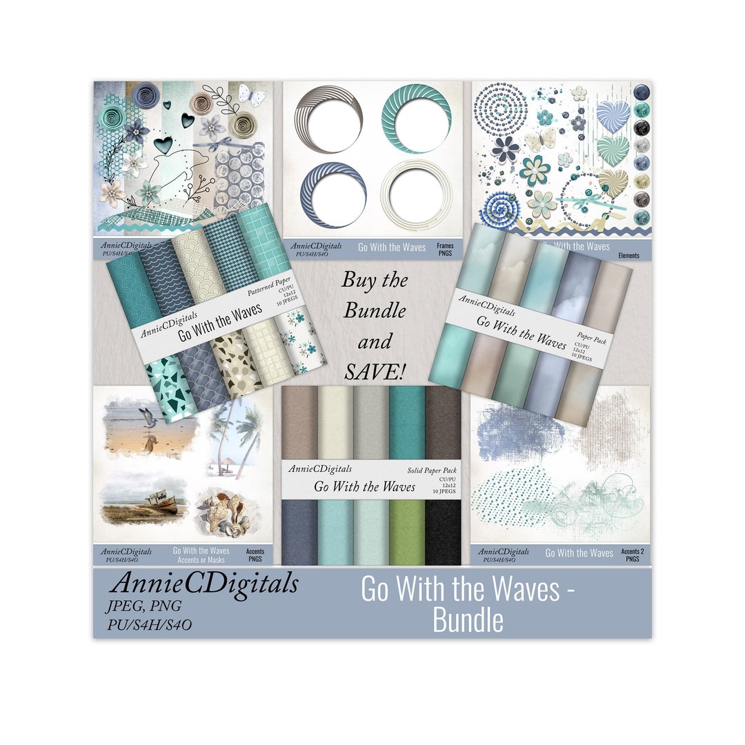 Digital Scrapbook Kit Bundle, Go With the Waves Bundle of Digital ...