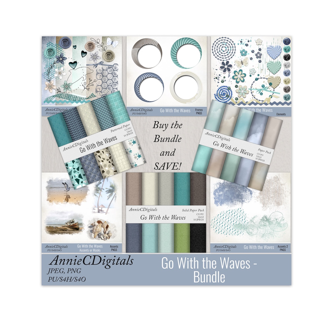 Digital Scrapbook Kit Bundle, Go With the Waves Bundle of Digital ...