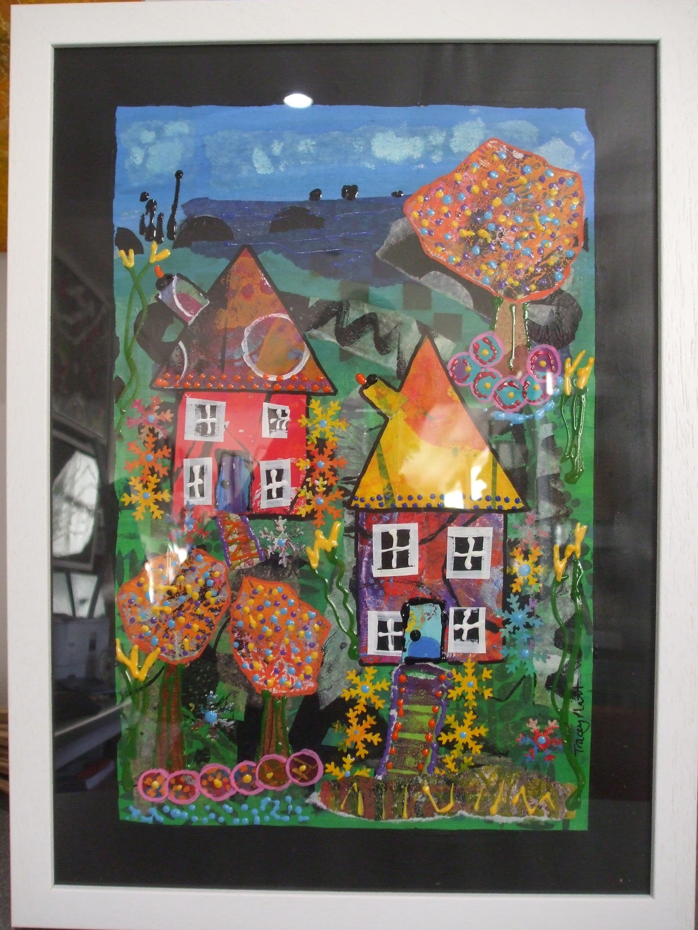 Collage de arte de medios mixtos originales en las casas de cartas en ...