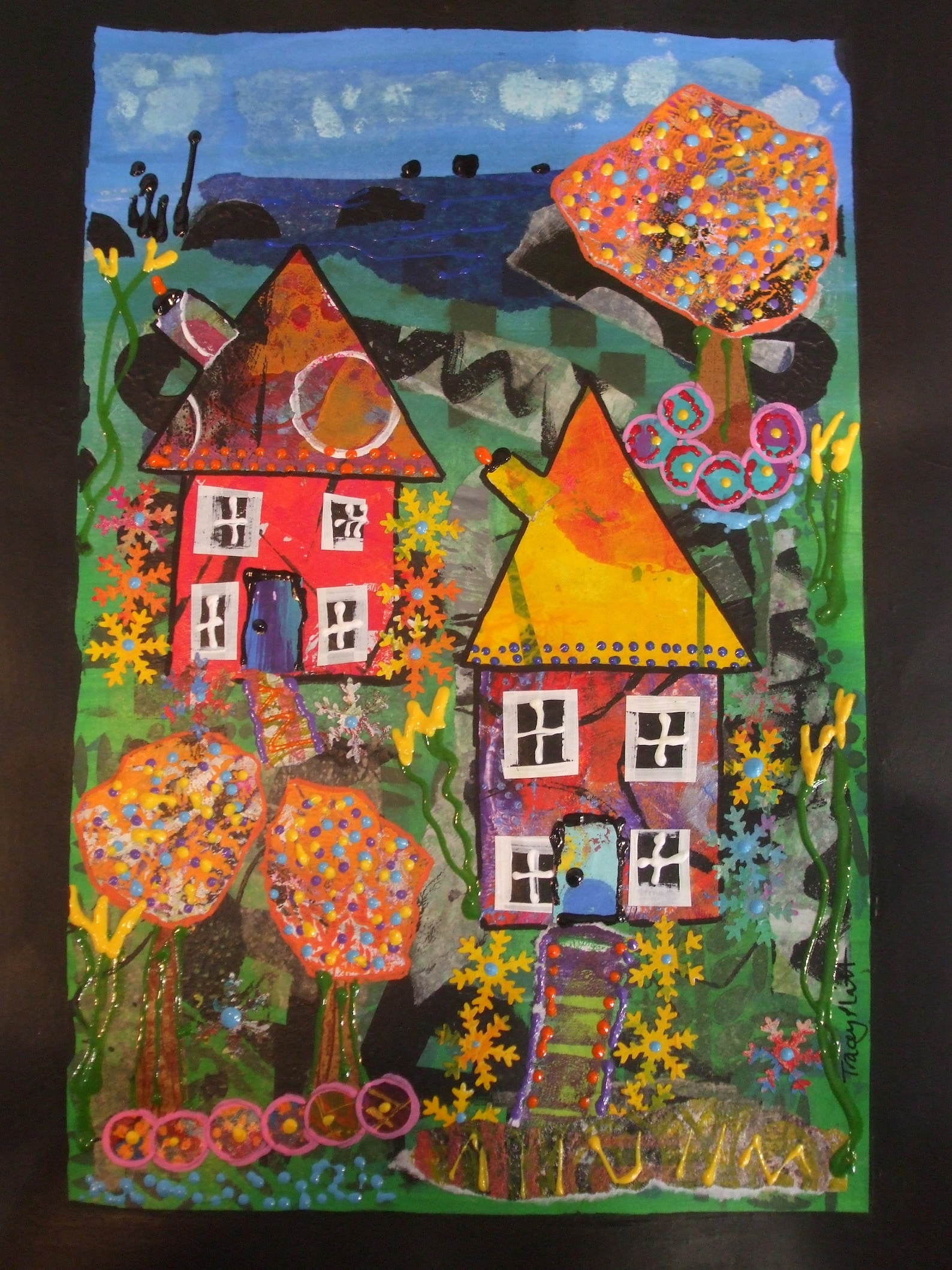 Collage de arte de medios mixtos originales en las casas de cartas en ...