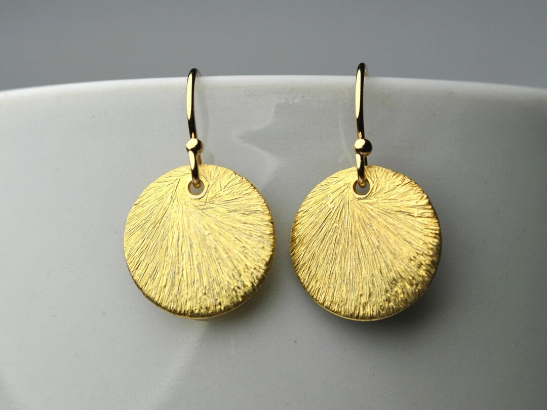 Small Gold Disc Earrings Disc Drop Earrings Brushed Sparkling Disc Coin ...