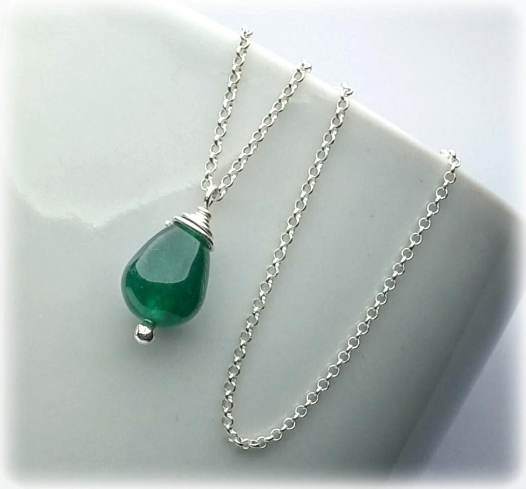 Forest Green Jade Necklace: Drop Pendant, Delicate Sterling Silver ...