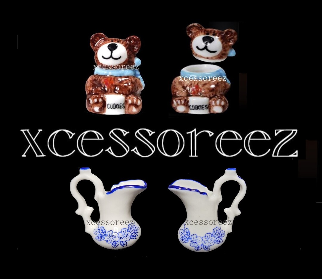 CERAMIC Dollhouse Miniature Teddy Bear Cookie Jar and Flowblue Water ...