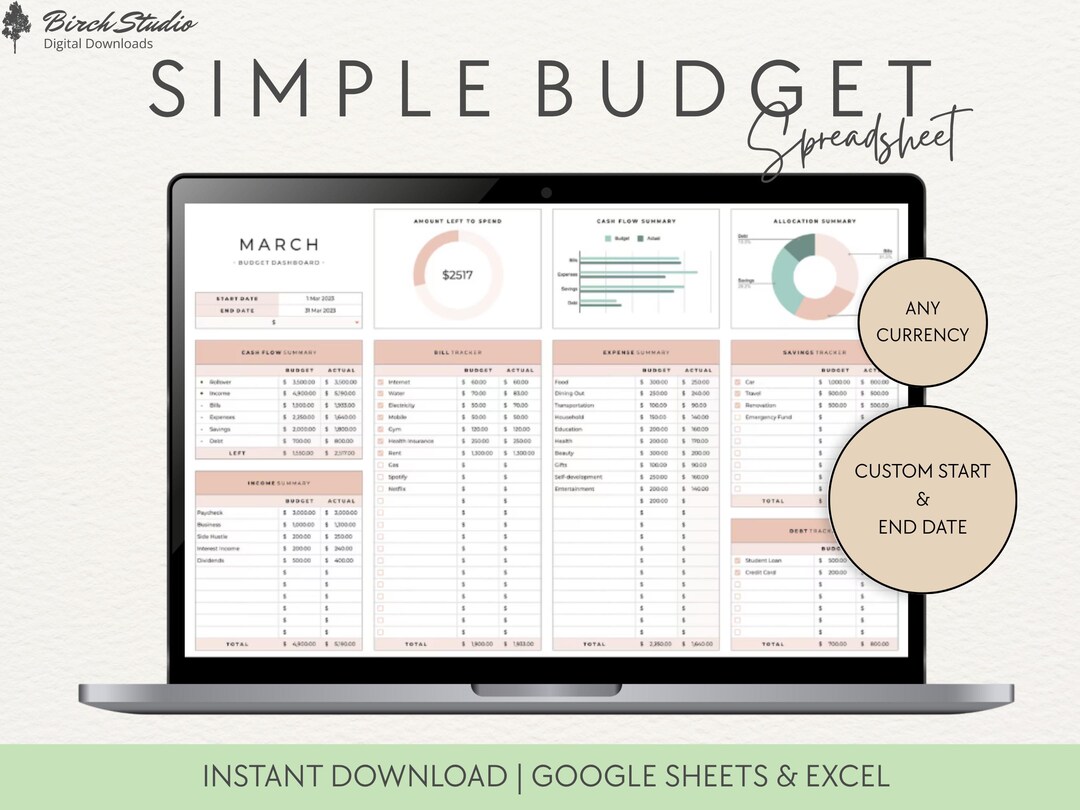 Budget Spreadsheet Google Sheets Excel Monthly Budget Tracker Financial ...