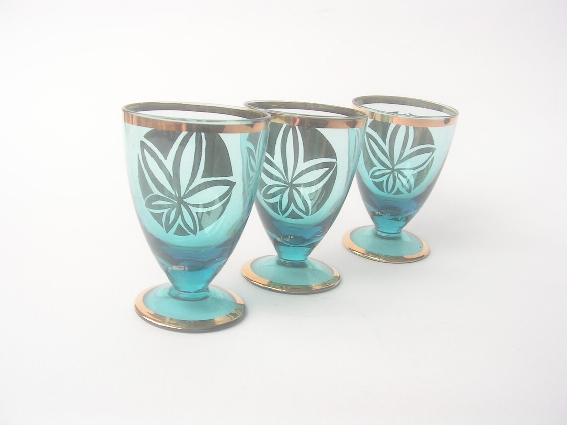 Vintage Liqueur Blue Golden Cups Set of 3 Lovely Glass Cups - Etsy