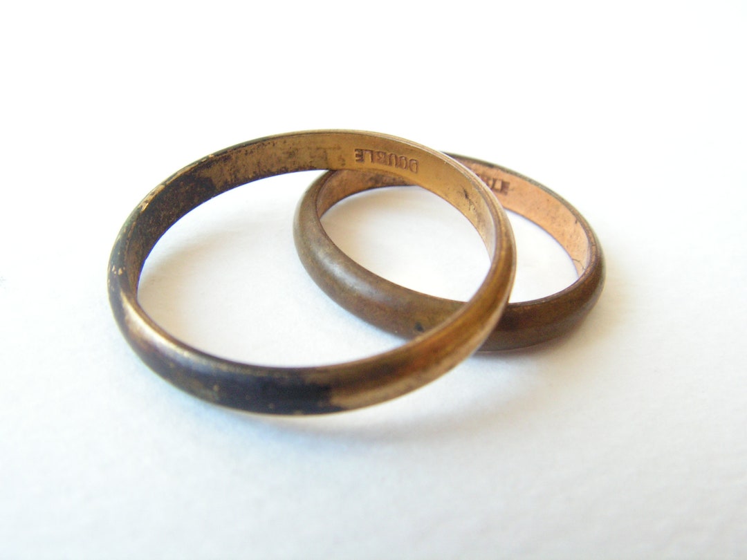 Set of 2 Antique Patina Wedding Rolled Gold Rings Pair Unisex Double ...