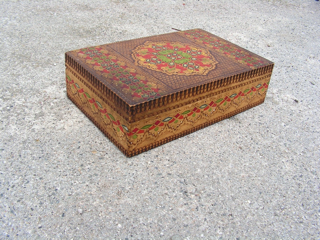 Vintage Big Wooden Pyrography Box 1973s Old Quadrangular Jewelry Box ...