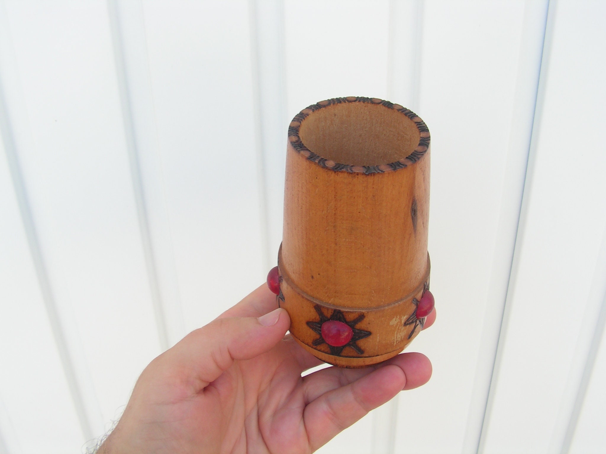 Vintage Wooden Pyrography Pencil Holder Red Beads Handmade Cup Pencil ...