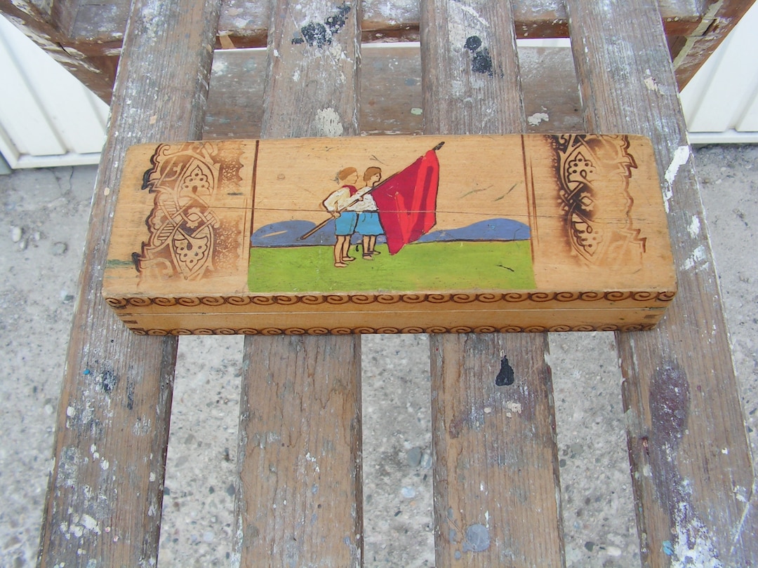 Vintage Distressed Wooden Pen Box Pencil Case 1950s Old Pen Holder Hand ...