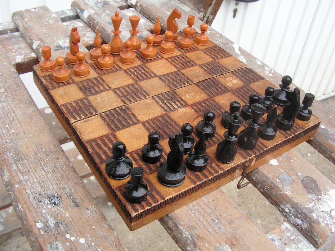 Wooden Chess Set Wooden Figures, Vintage Chess, Small Chessboard, Chess ...