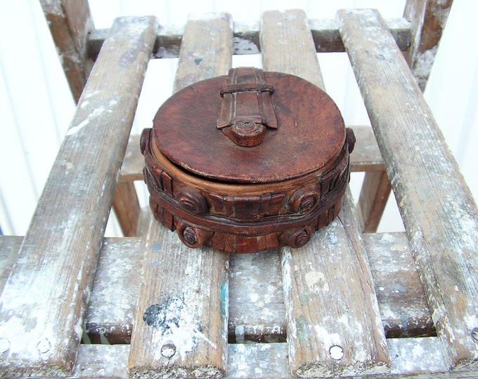 Vintage Brown Leather Jewelry Box, Old Round Small Jewelry Box With ...