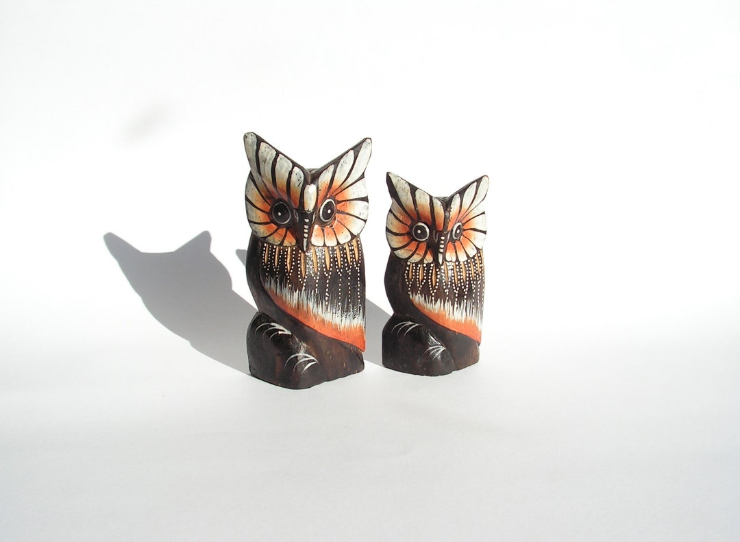 Vintage Pair Owls Wooden Hand Painted Owls Hand Carved Wood Owls ...