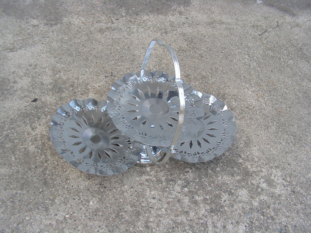 Vintage Three Tier Folding Marking, Metal Serving Tray, Dessert Tray ...