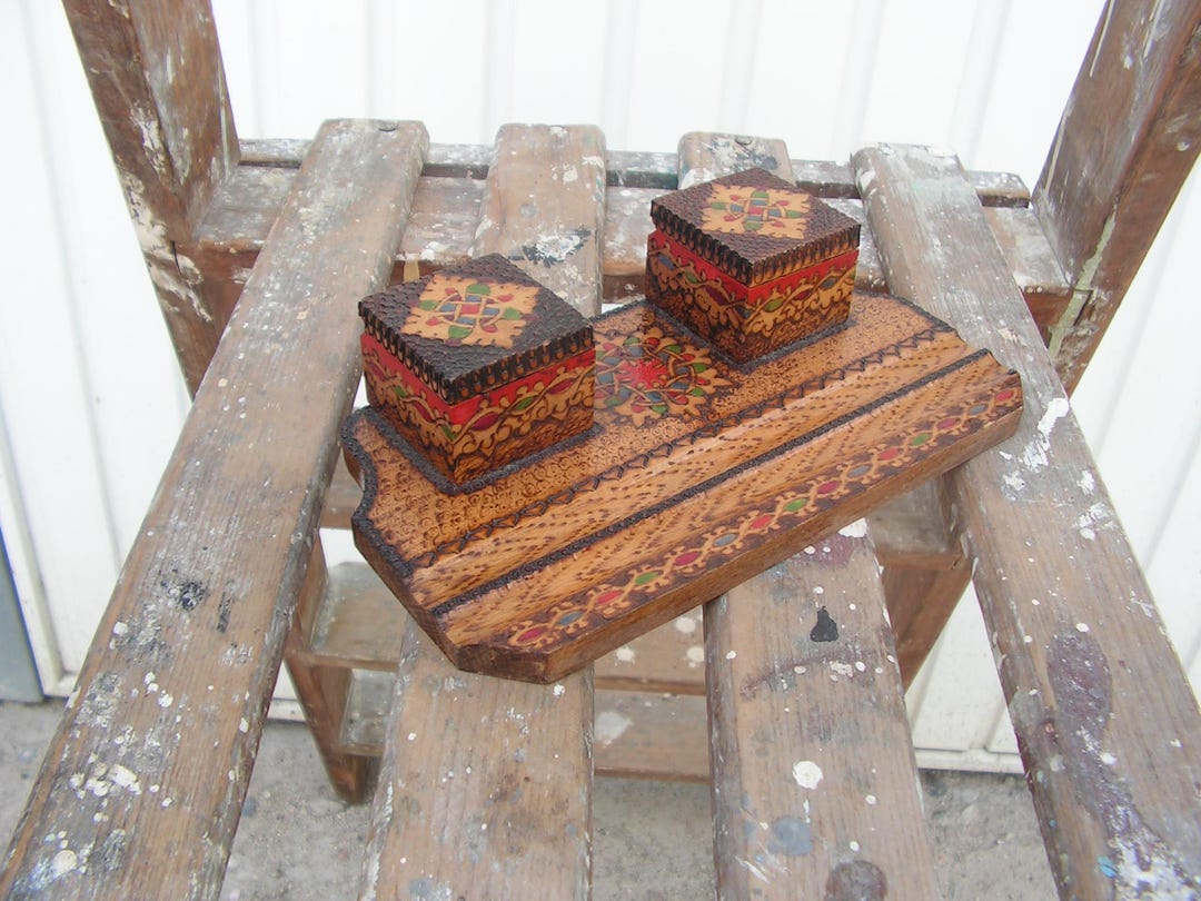 Vintage Wooden Inkwell, Pyrography Double Ink Pot, Old Ink Stand Two ...