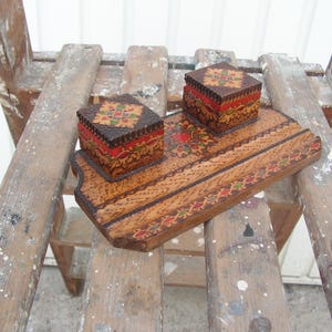 Vintage Wooden Inkwell, Pyrography Double Ink Pot, Old Ink Stand Two ...
