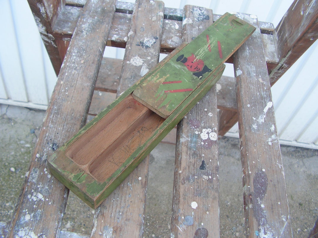 Vintage Distressed Wooden Pen Box Pencil Case With Pig Pen Holder Hand ...