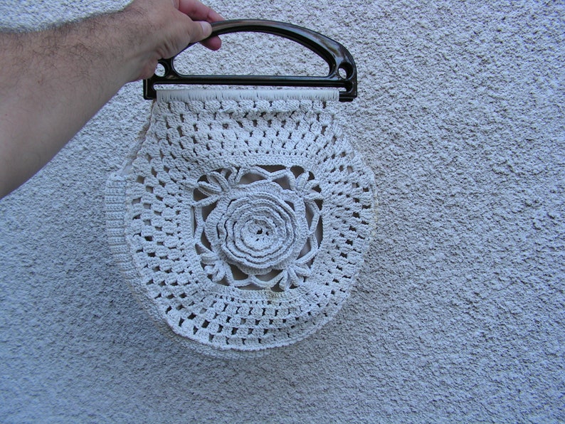 Vintage Bag Plastic Handles Tote Bag Handwoven Bag Unique Bag Crochet ...