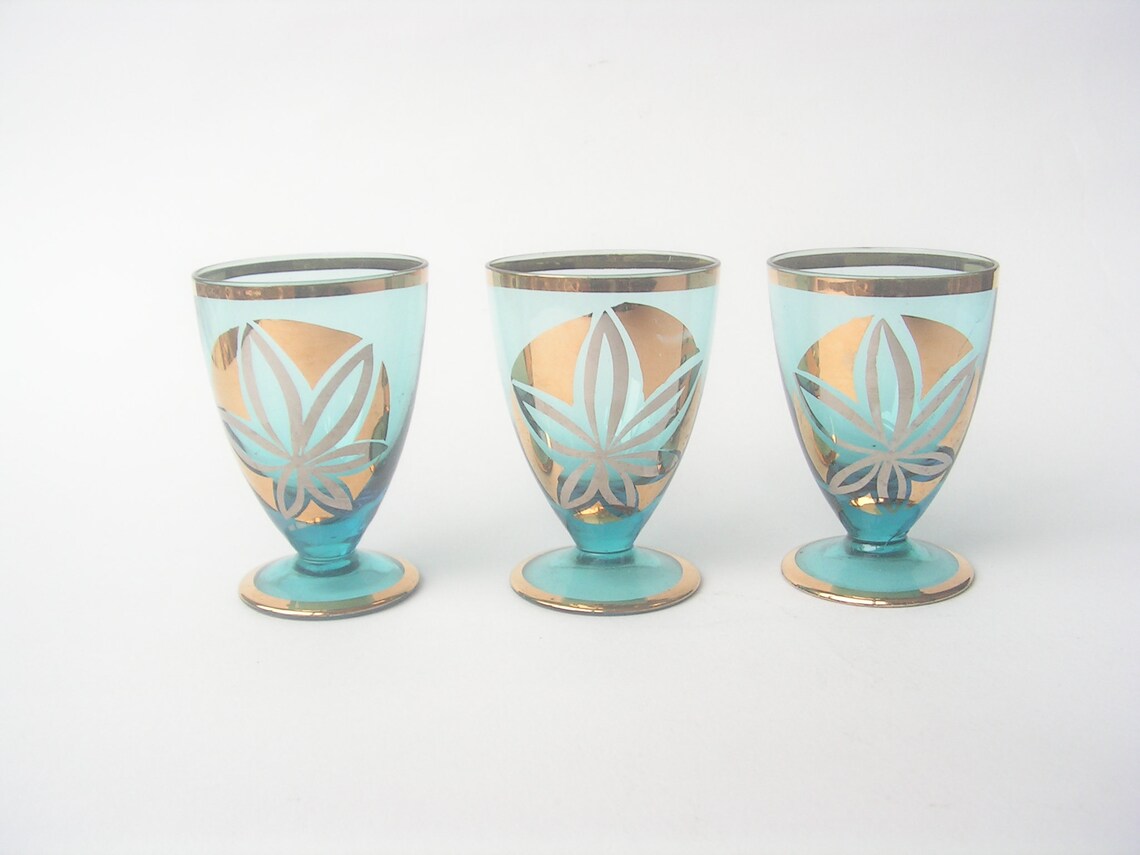 Vintage Liqueur Blue Golden Cups Set of 3 Lovely Glass Cups Small ...