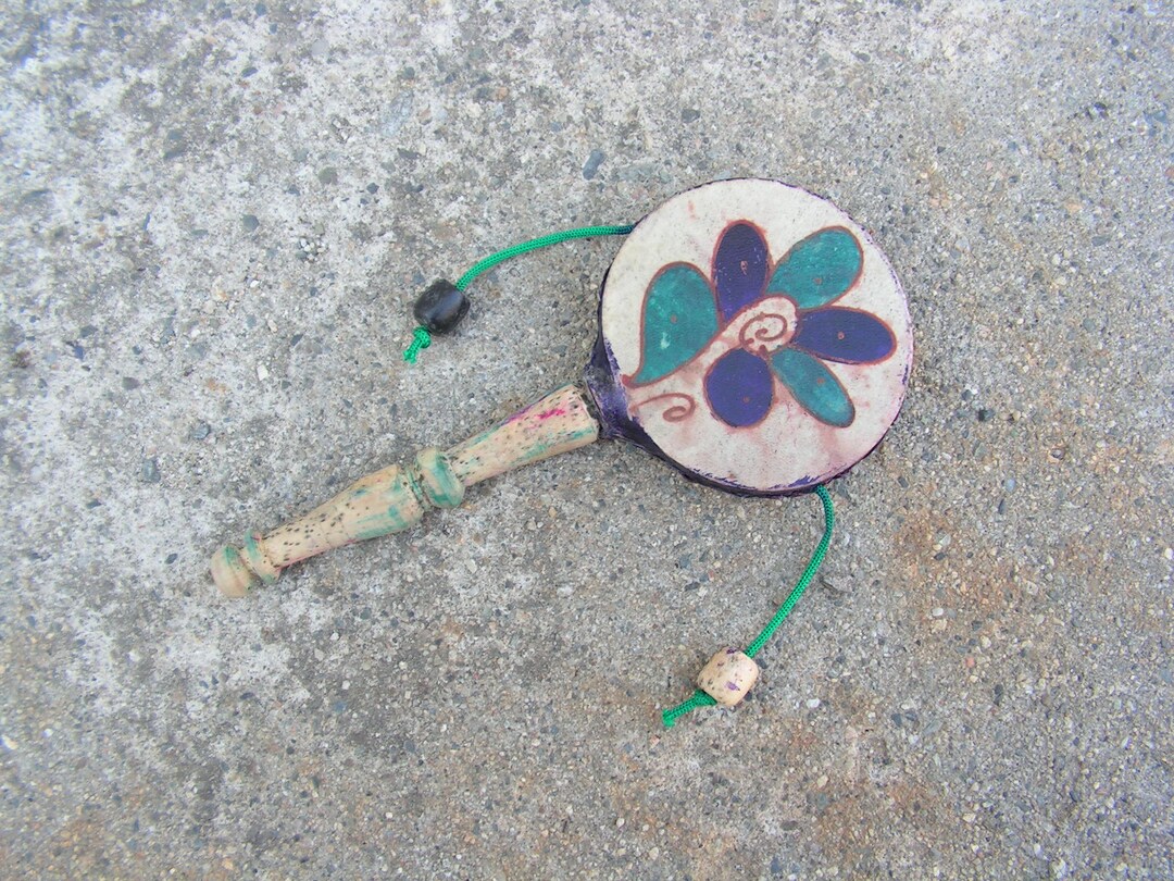 Vintage Leather Drum, Rattle Drum Wood Handle, Hand Colored Drum Wooden ...