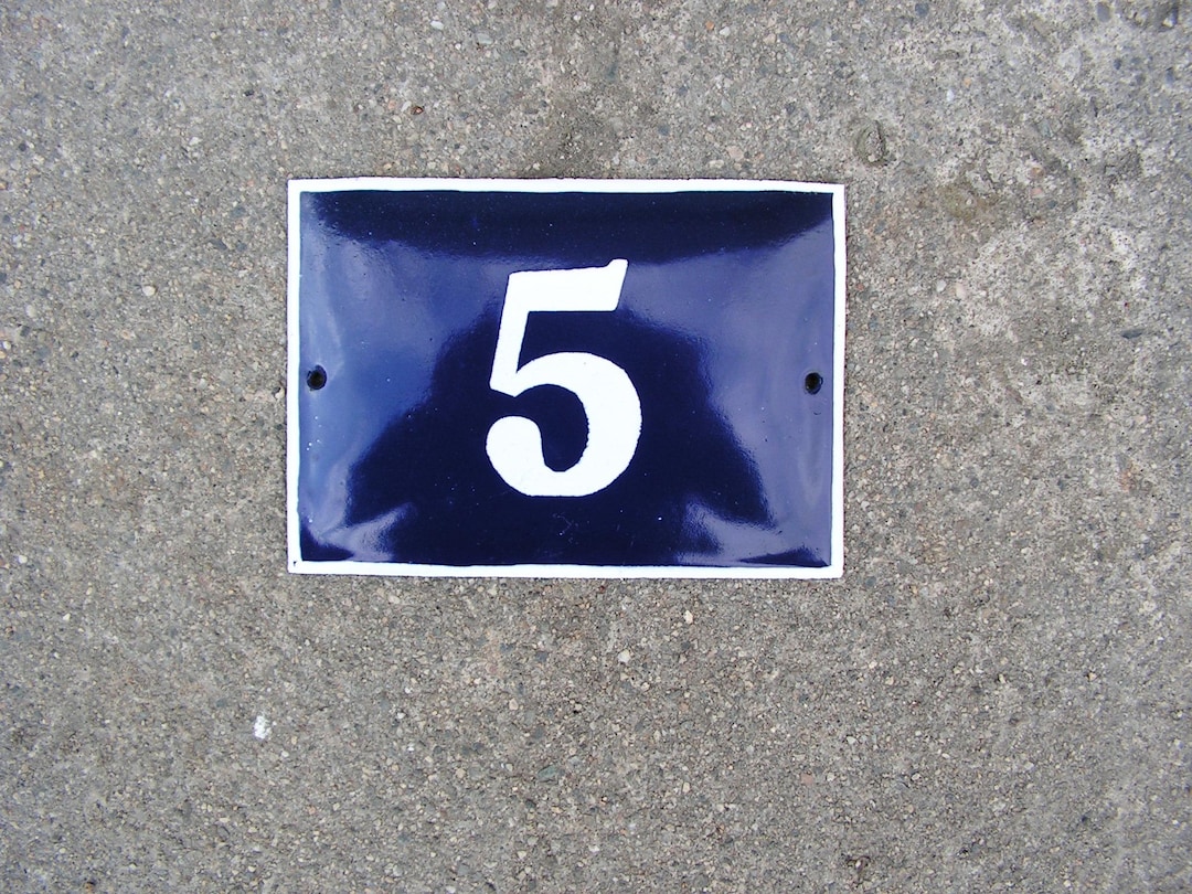 Vintage Sign House Door Number 5, Blue and White Enamel Metal Plate ...