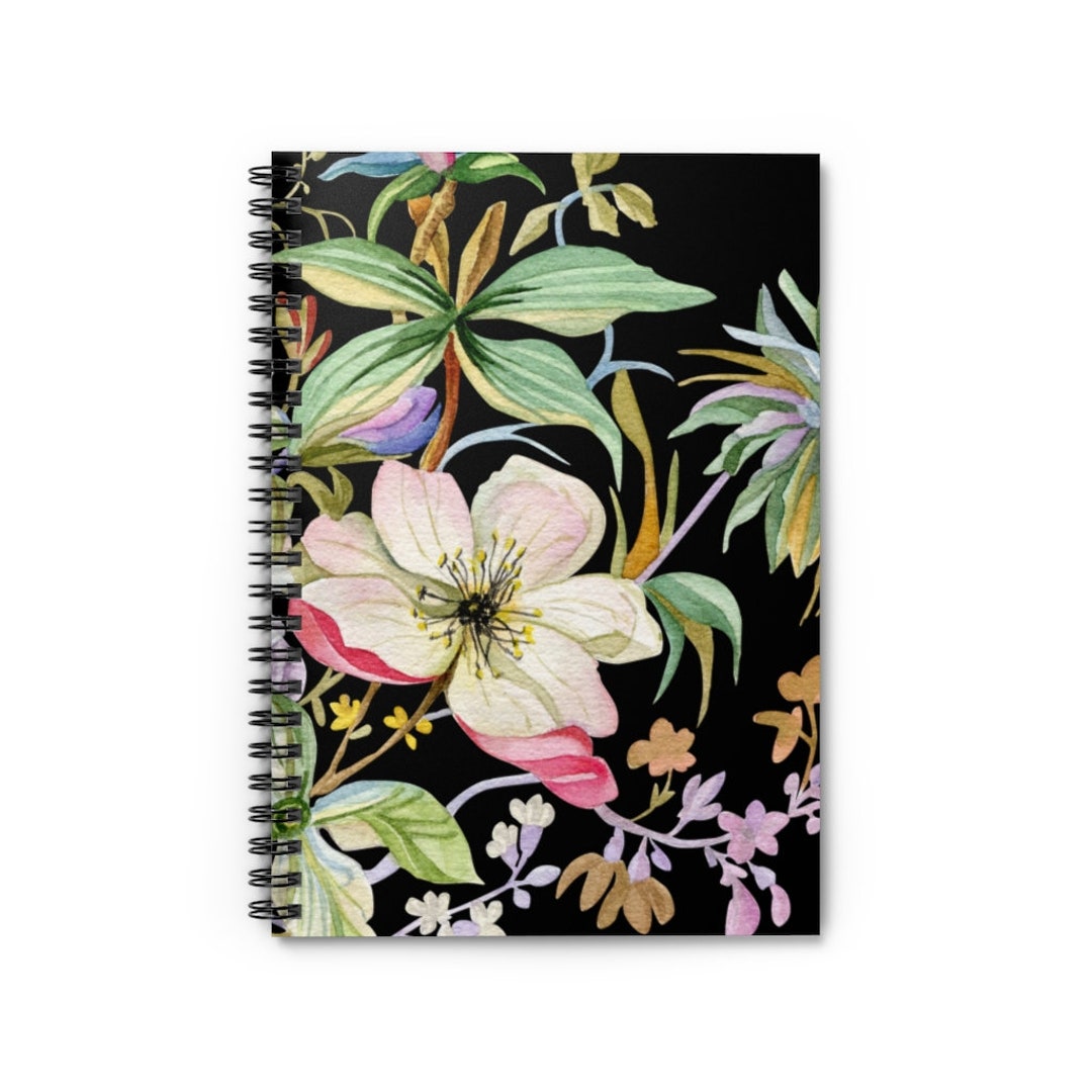 Tropical Flowers Notebook Journal Watercolor Plants on Black Blank ...