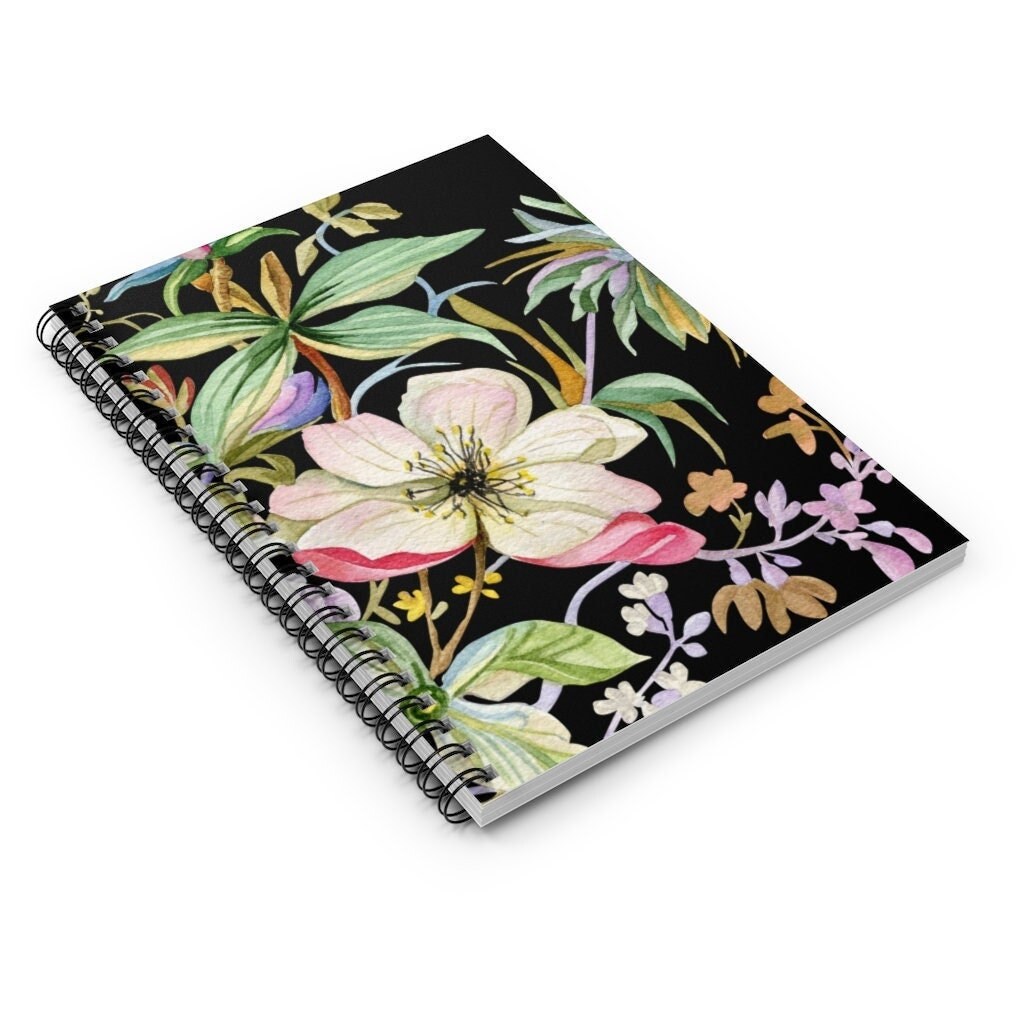 Tropical Flowers Notebook Journal Watercolor Plants on Black Blank ...