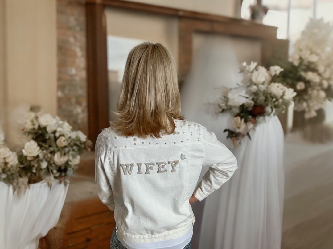 Bridal Pearl-studded Denim Jacket With Customization Mrs Pearl Denim ...
