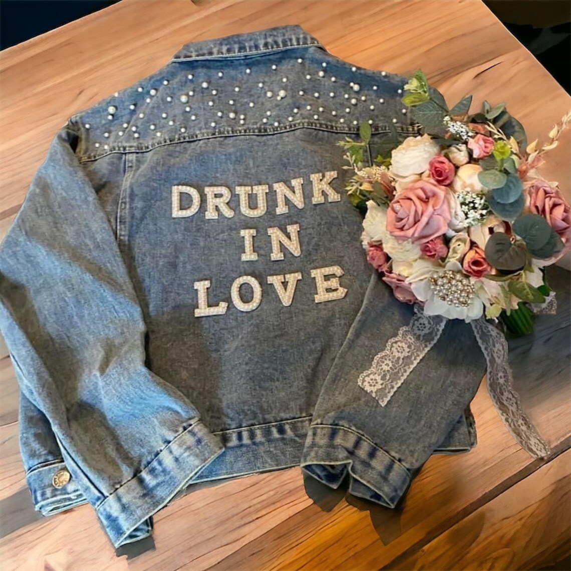 Bridal Pearl-studded Denim Jacket With Customization Mrs Pearl Denim ...