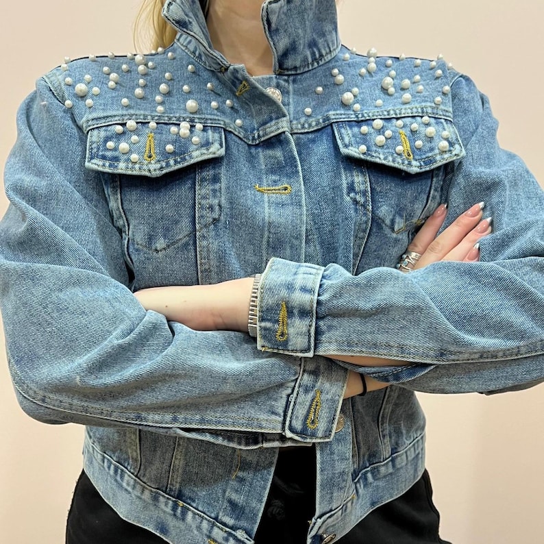 Bridal Pearl-studded Denim Jacket With Customization Mrs Pearl Denim ...