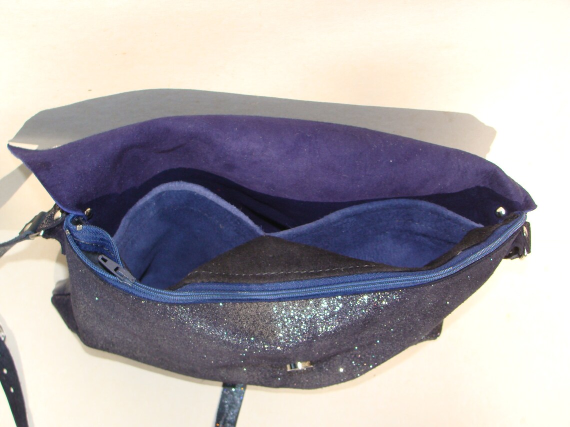 Bag handcrafted pouch in soft blue glittery leather and blue | Etsy