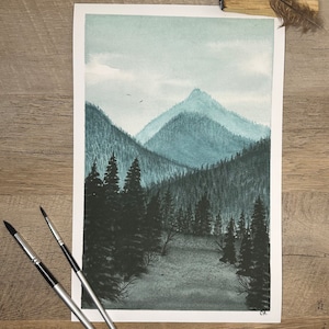 Smoky Mountain Watercolor Painting, Smoky Mountain Artwork, Pine Tree ...