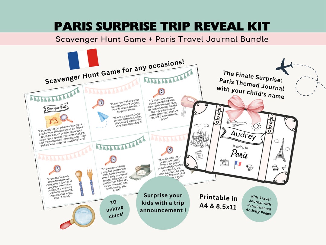 Paris Scavenger Hunt Surprise Trip Reveal Kit Personalized Kids Travel ...