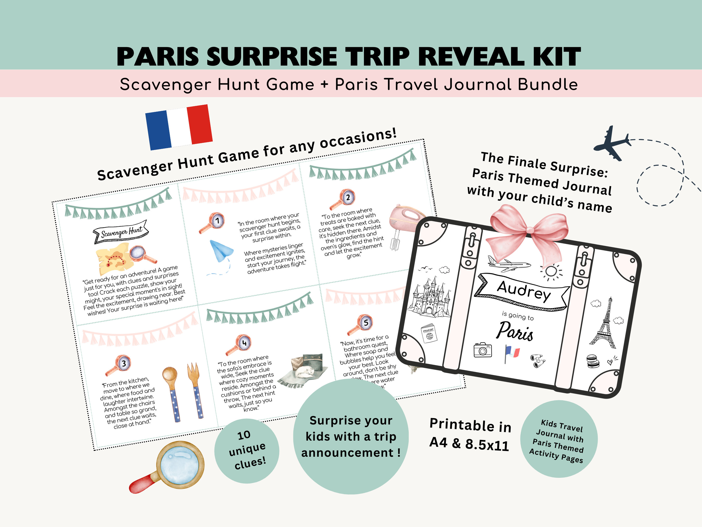 Paris Scavenger Hunt Surprise Trip Reveal Kit Personalized Kids Travel ...