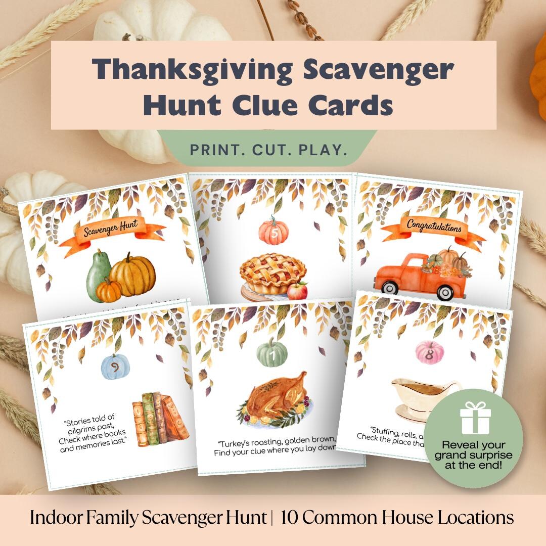 Thanksgiving Scavenger Hunt Printable | Fun Indoor Clue Cards for Kids ...