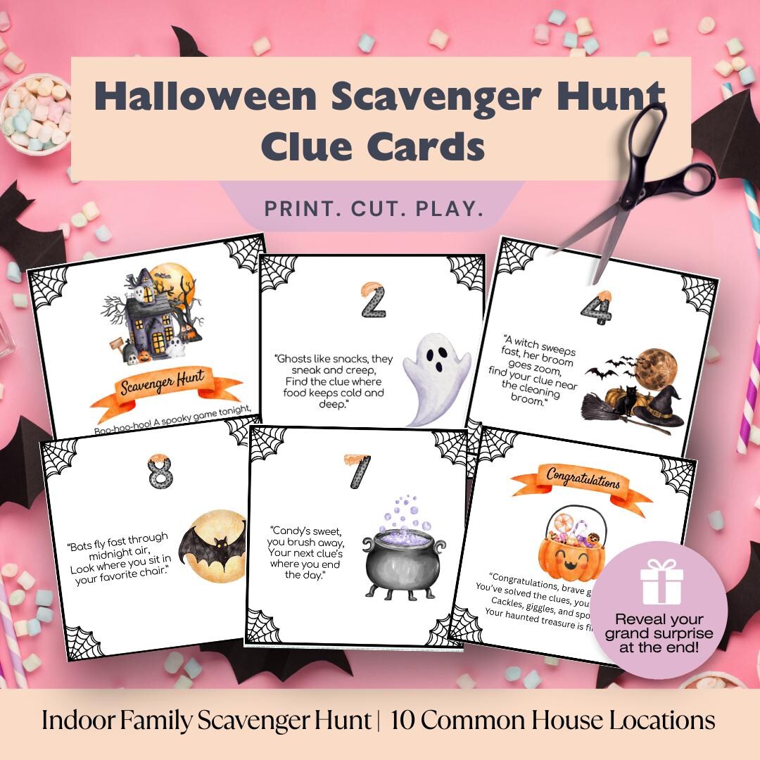 Printable Halloween Game | Kids Scavenger Hunt Activity | Indoor Clue ...