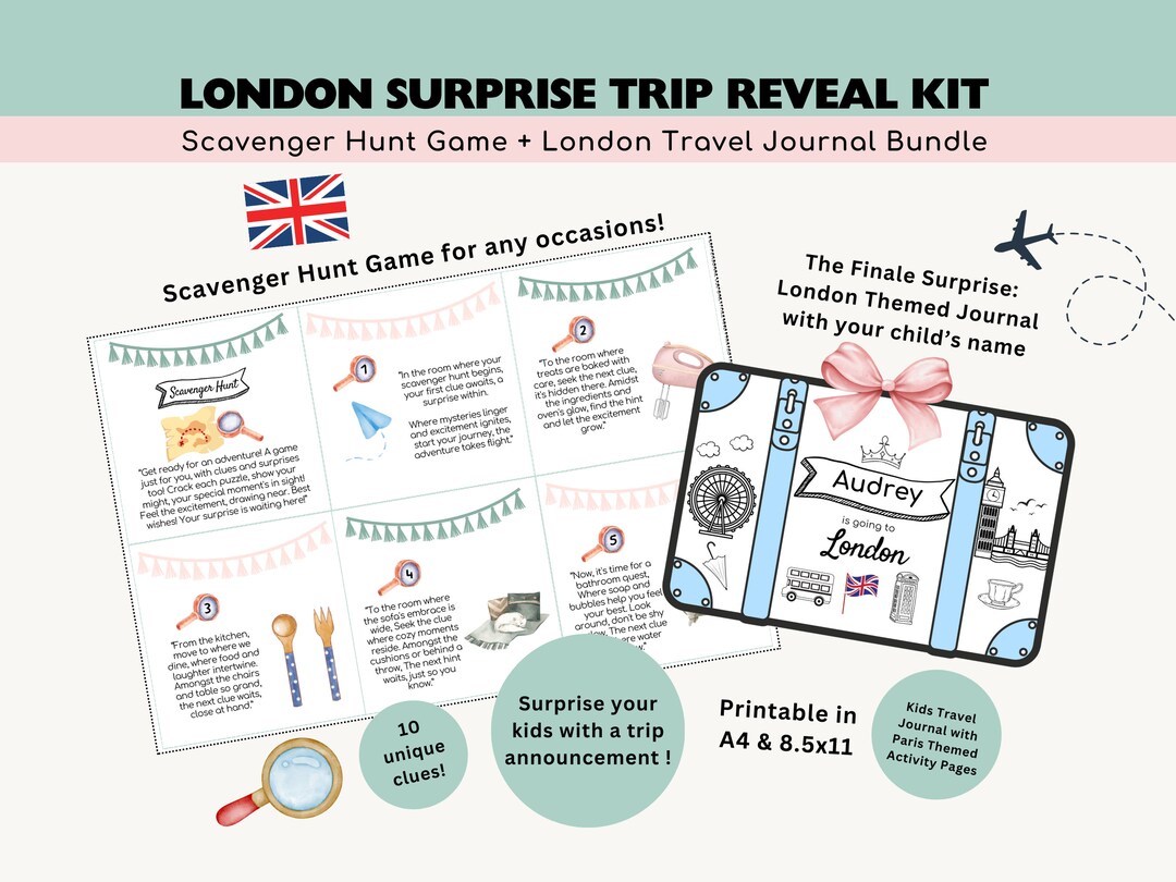 London Surprise Trip Reveal: Kids Scavenger Hunt & Travel Journal (PDF ...