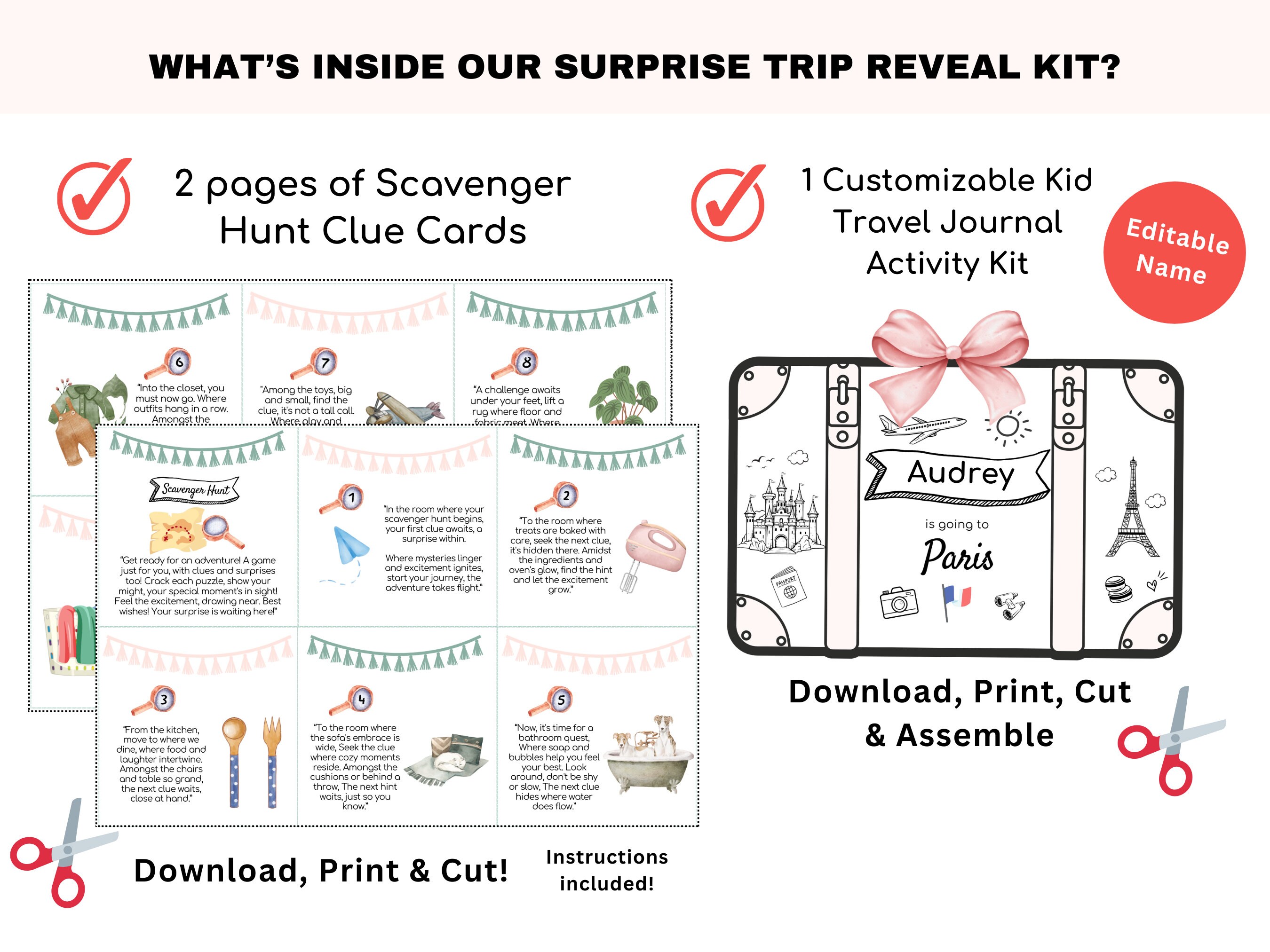 Paris Scavenger Hunt Surprise Trip Reveal Kit Personalized Kids Travel ...