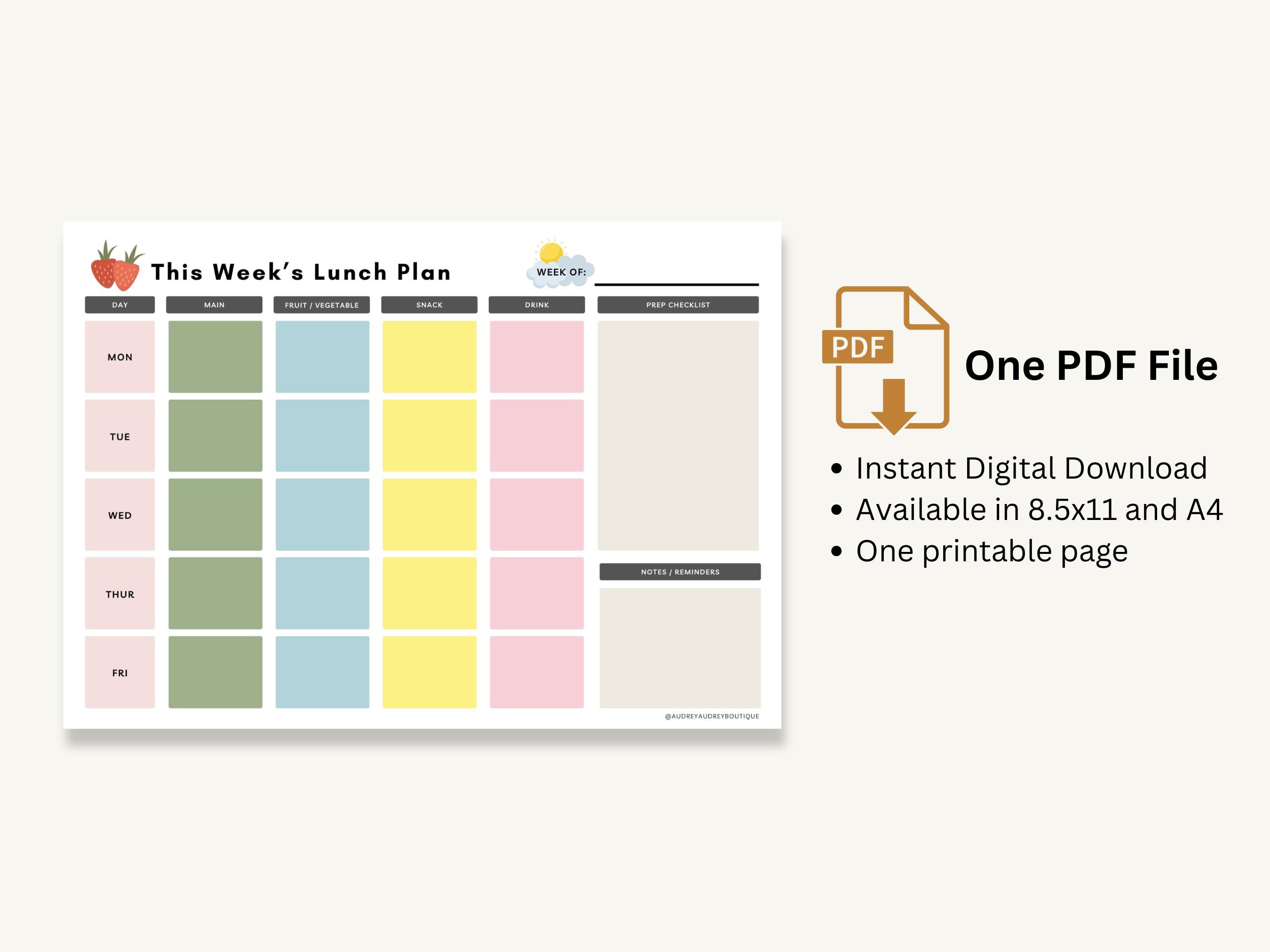 Weekly School Lunch Planner Printable | Kids Menu Template | Colorful ...