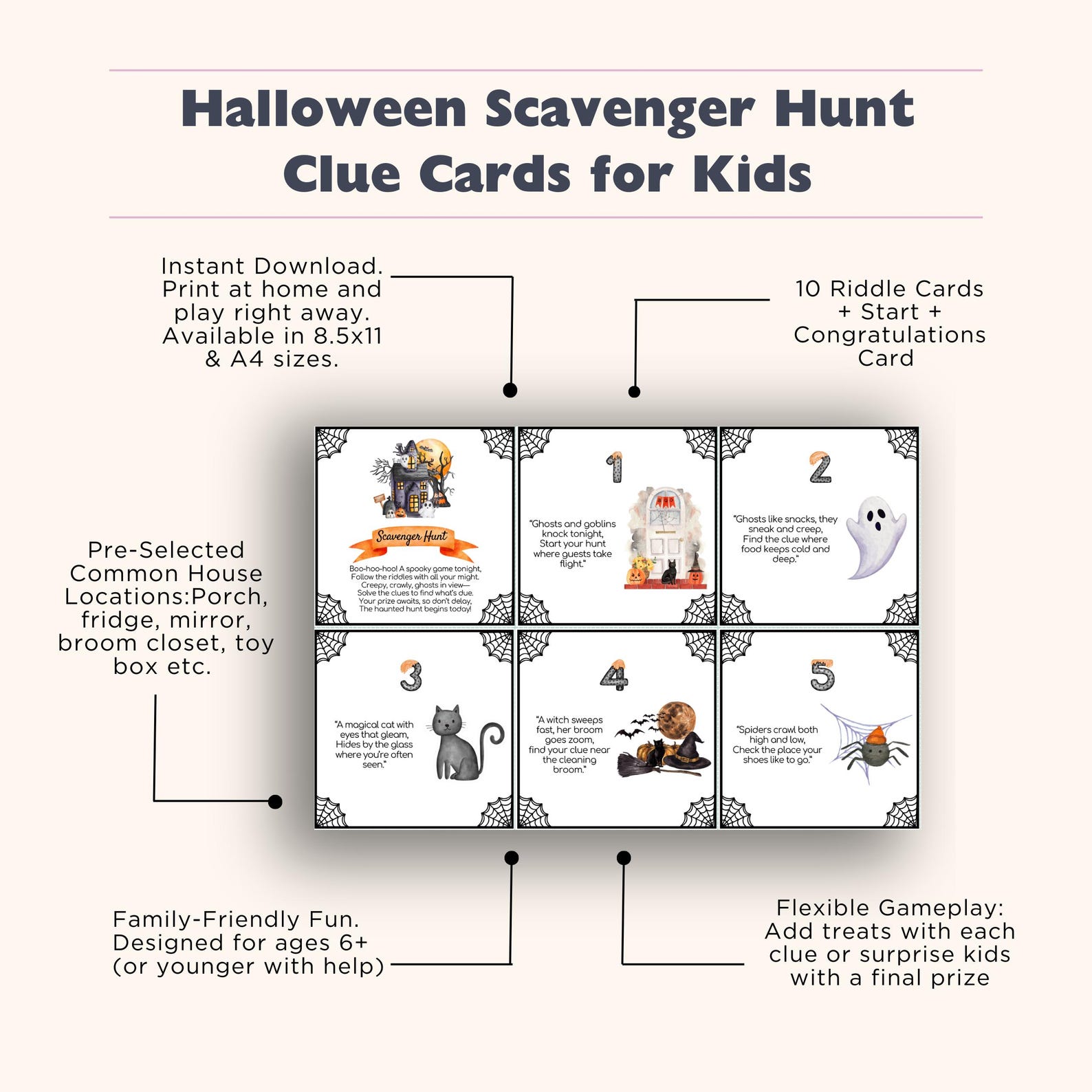 Printable Halloween Game | Kids Scavenger Hunt Activity | Indoor Clue ...